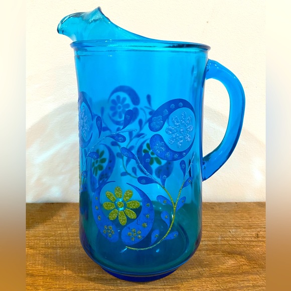 Dining | Vintage Bright Blue Hand Painted Floral Drink Pitcher | Poshmark
